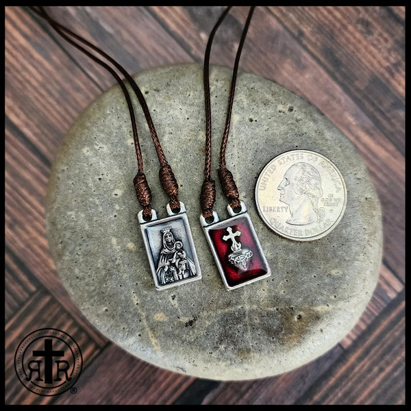 Red Enamel Scapular with Brown Wool Inserts - Catholic Gear - Rugged Rosary