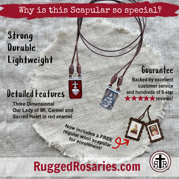 Red Enamel Design- Brown Wool Scapular- Catholic Gifts-Rugged Rosary ...