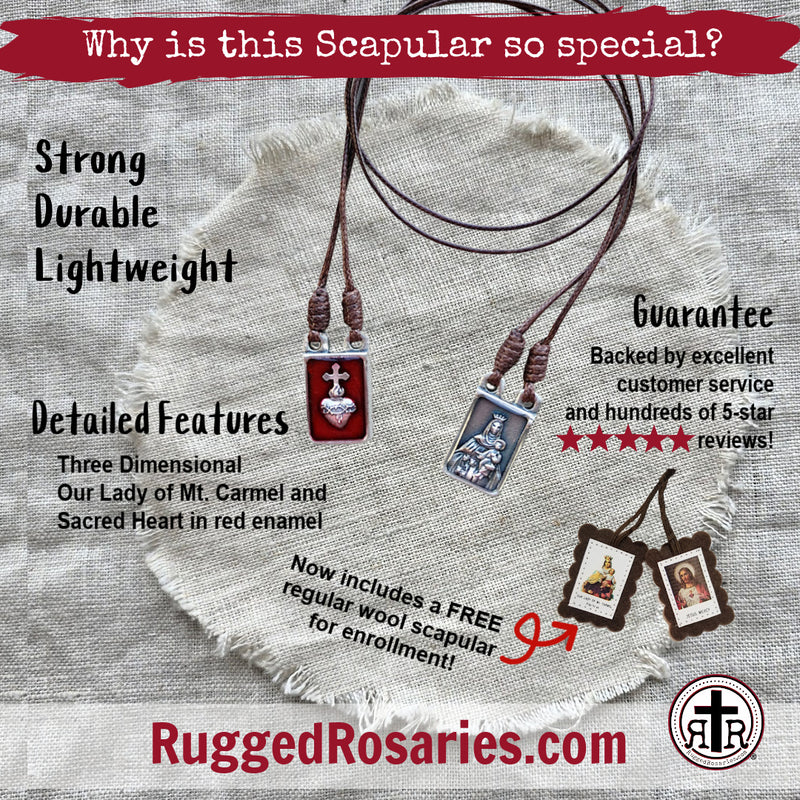 Red Enamel Design- Brown Wool Scapular- Catholic Gifts-Rugged Rosary ...